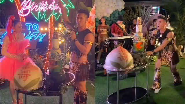钟丽缇生日cos火烈鸟,张伦硕送巨大寿桃为她唱生日歌