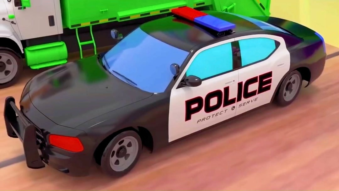 工程车挖掘机益智动画 警车消防车垃圾车换轮胎