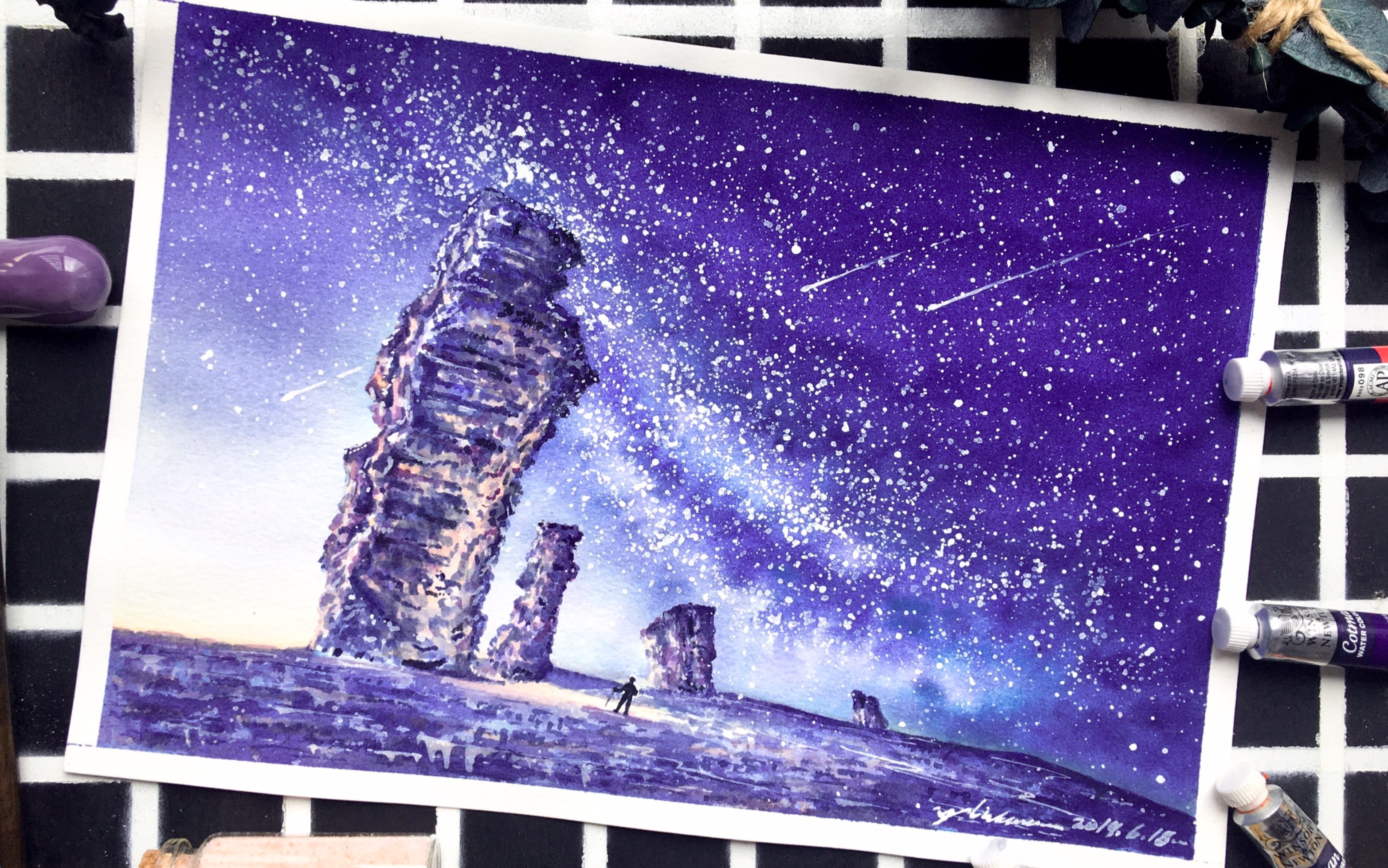 【水彩教程】水彩手绘过程简单风景画光云城市星空系列—仰望星空
