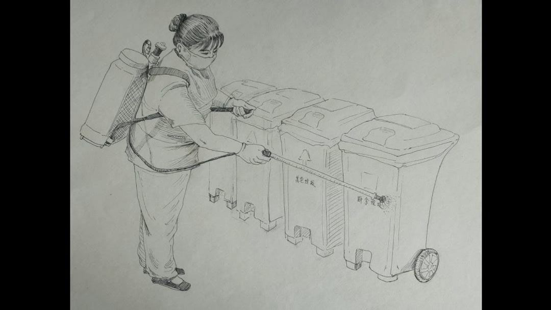 垃圾分类,给垃圾箱消毒的阿姨线描绘画过程