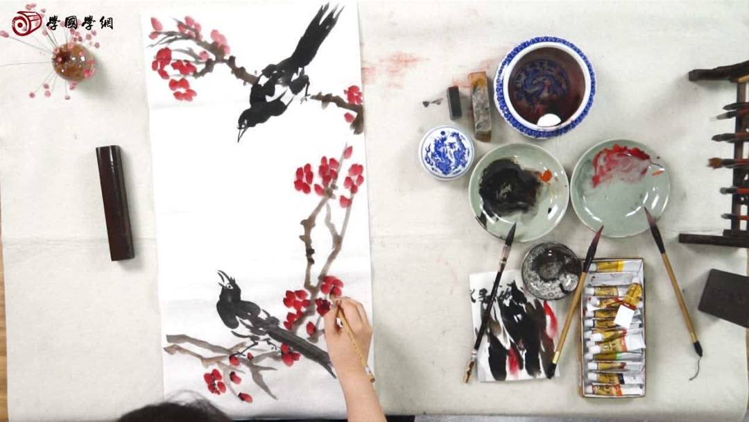 唯远国画-画喜鹊梅花