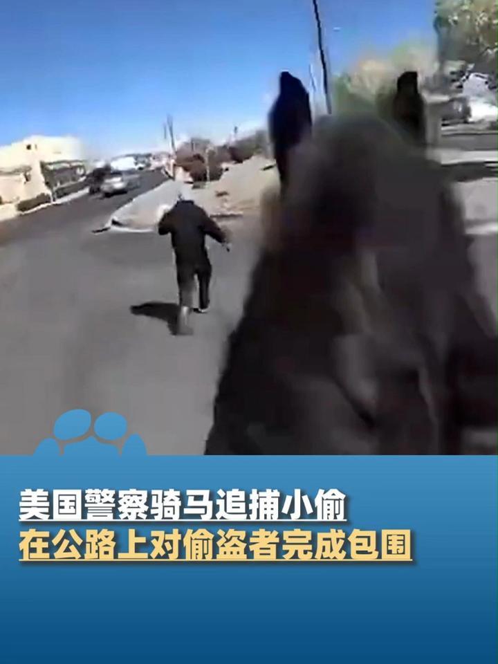 美国警察骑马追捕小偷,在公路上对偷盗者完成包围