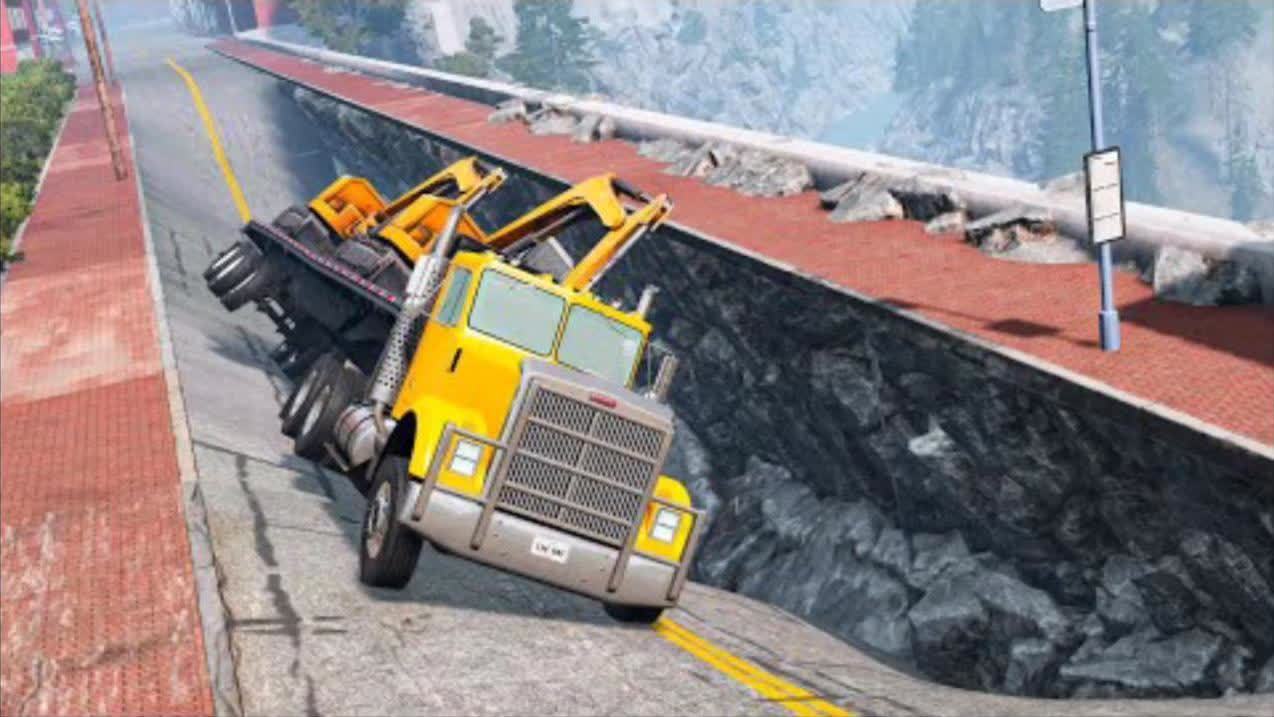 车祸模拟器:公路因雨水冲刷而塌方,搞得老司机翻沟里去了!