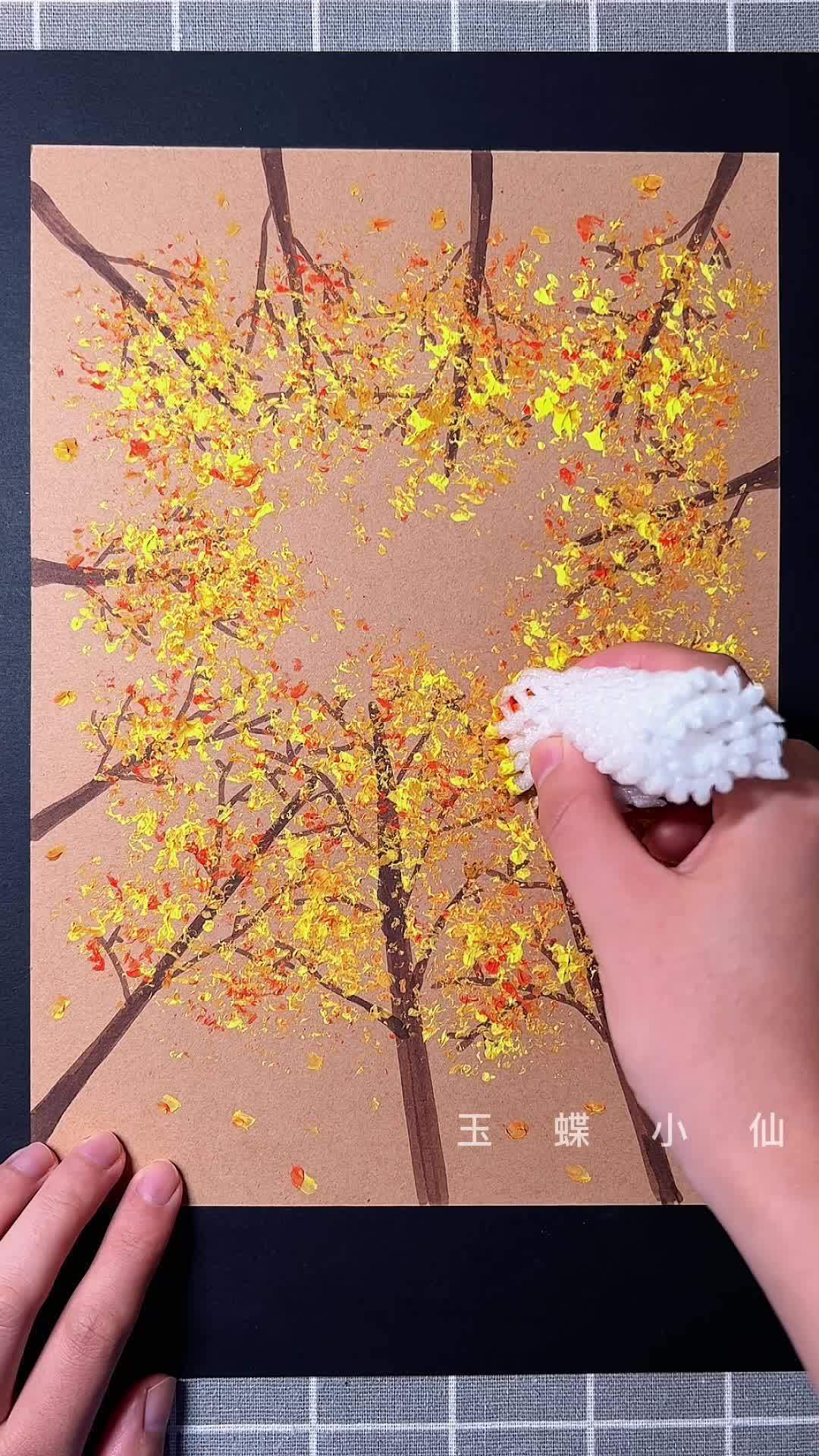 水果网画秋天的树儿童创意水粉画,秋天的落叶风景画,幼儿园简单易学...