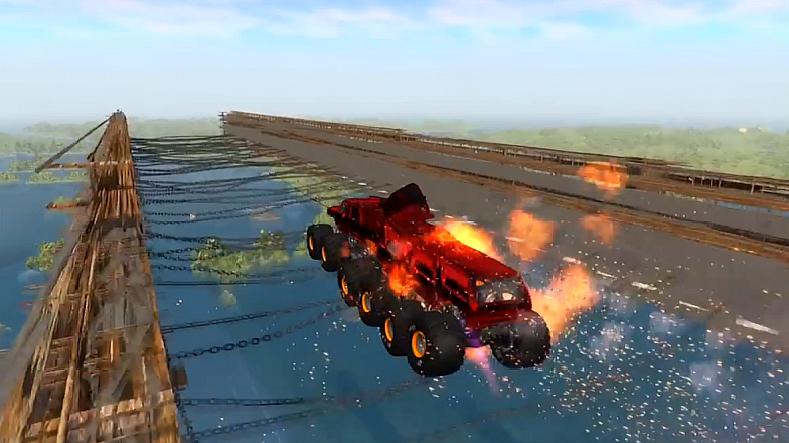 BeamNG:喷气式大脚越野车冲向50多根悬空铁链,拟真车祸模拟