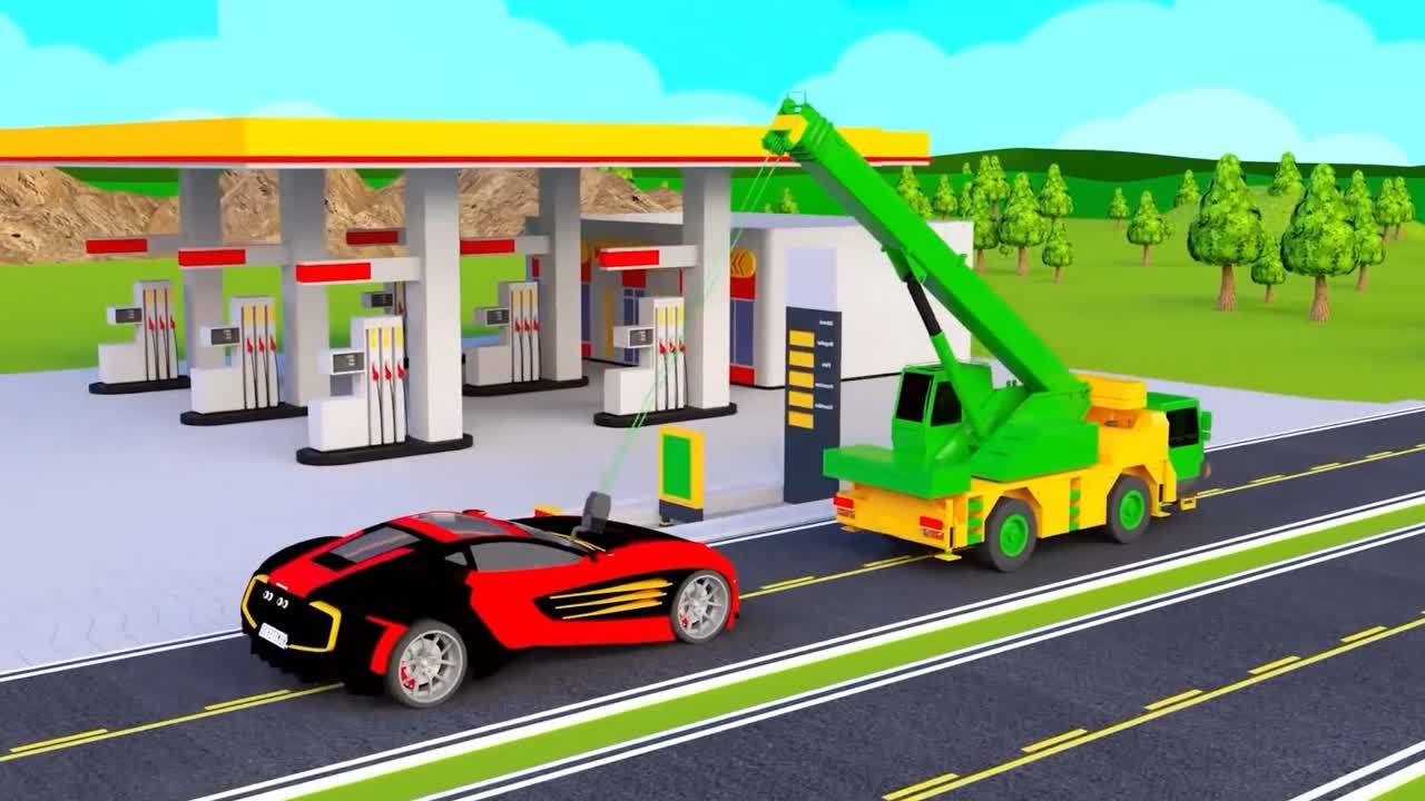 工程车、挖掘机修建新的加油站,工程车益智动画