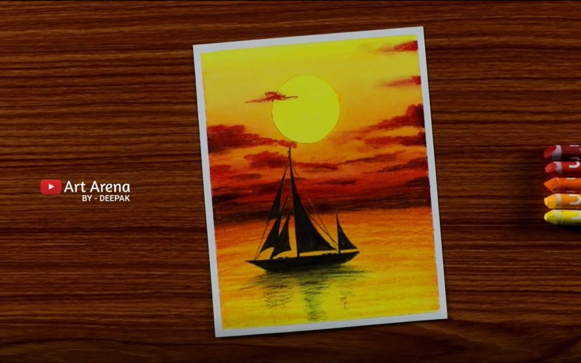 (油画棒)落日余晖下的帆船剪影 Art Arena