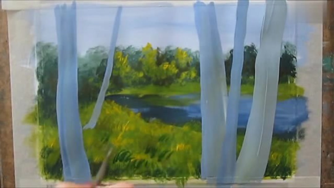 水粉画自学视频——白桦林风景