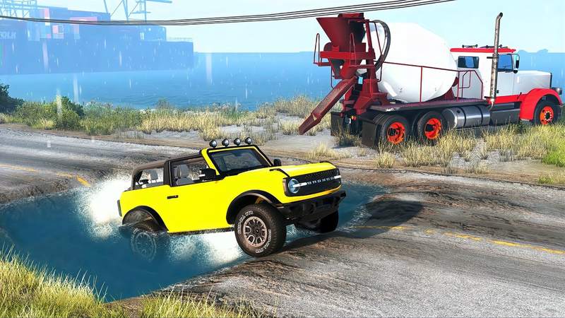 车祸模拟器:各种汽车开足马力硬闯超大积水坑,车还能往前走吗