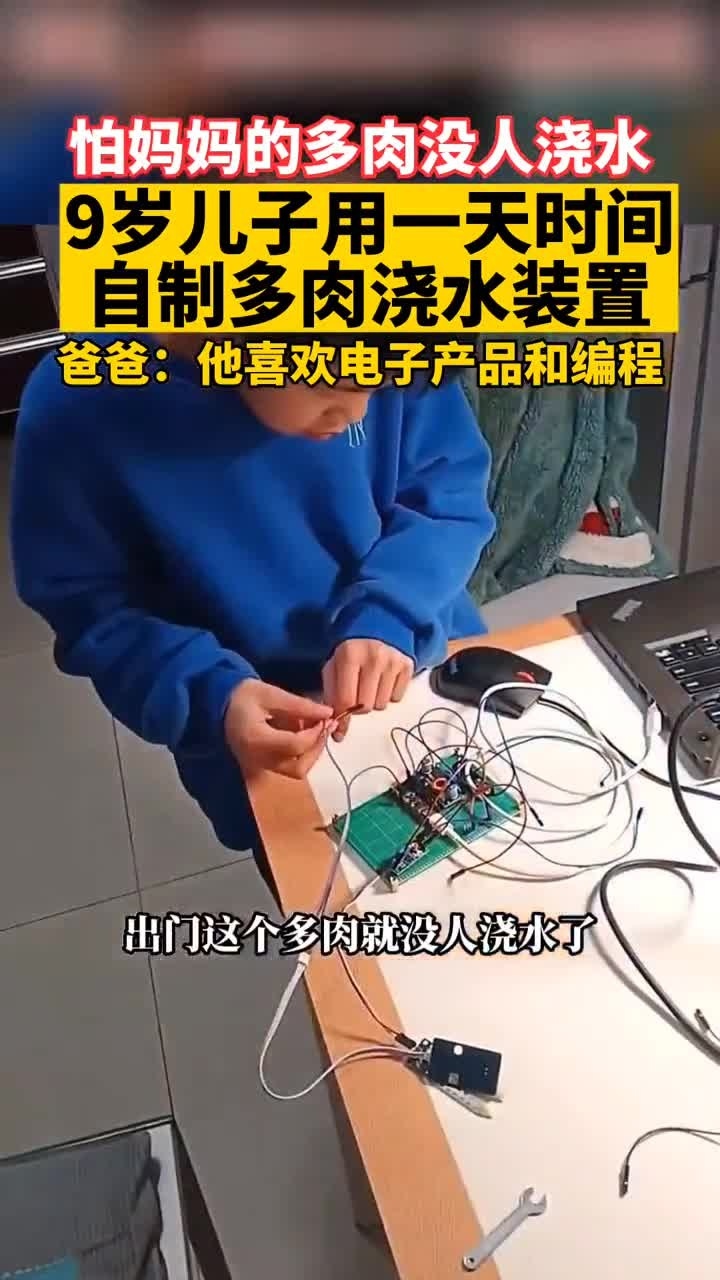 9岁男孩一天时间自制自动浇水装置。