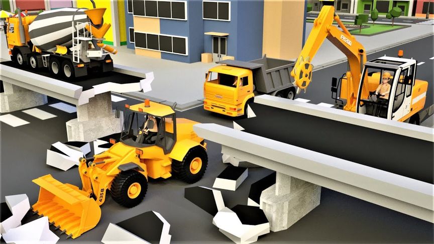 挖掘机和工程车队维修损坏的桥梁,儿童工程车趣味动画