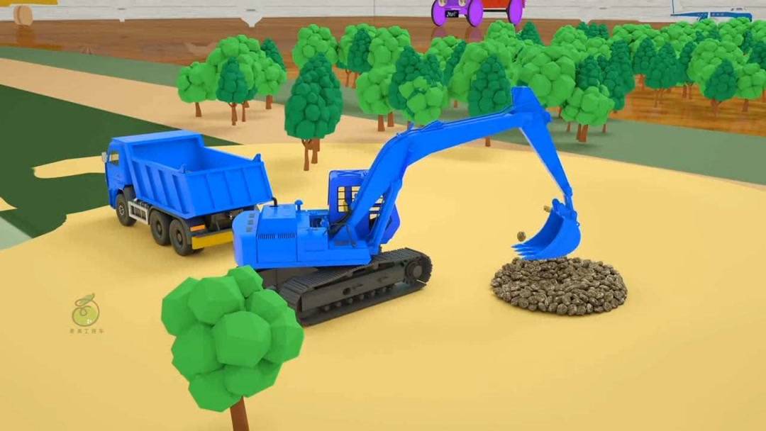 工程车施工动画 第20集 挖掘机卡车运输石头