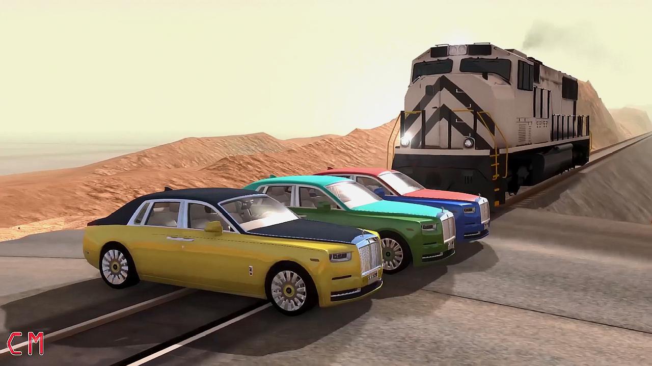 Beamng:汽车模拟测试,三辆汽车卡在铁路上,火车碰撞后会怎样?