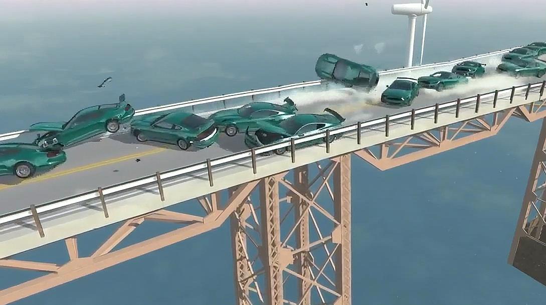 车祸模拟:30辆跑车同时高速在跨海大桥中心撞车,能把桥震塌吗?