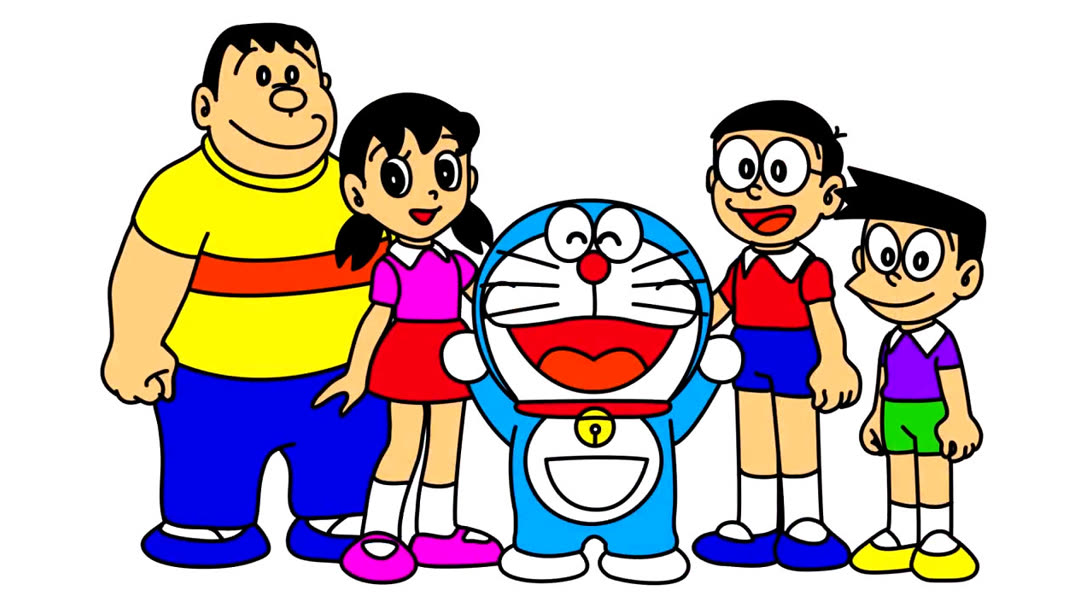 简笔画画哆啦A梦里多个漫画人物,涂上颜色,绘画教程
