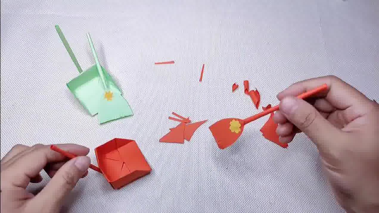 迷你簸箕扫帚套装折纸,几张小纸片轻松组合