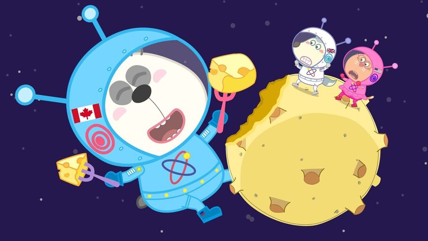 卡通小动物扮演宇航员飞上太空