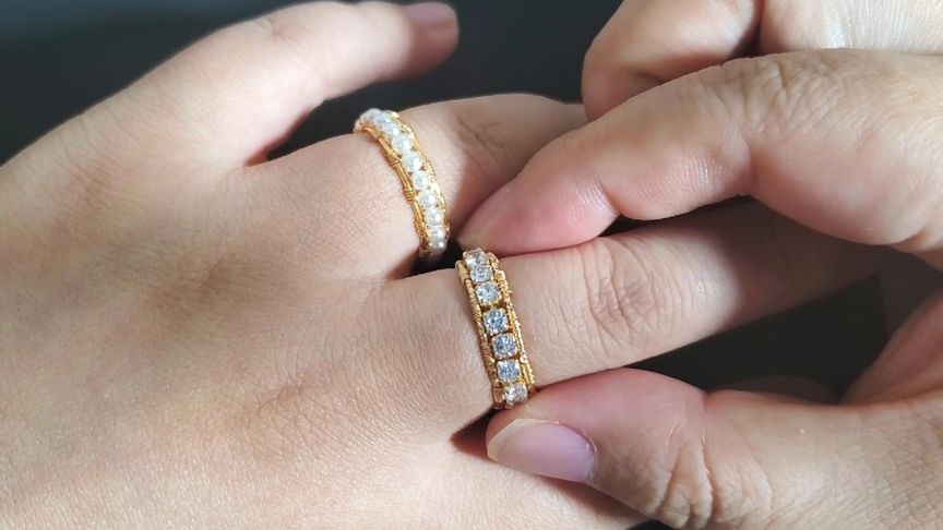 DIY手工制作教程:珍珠跟锆石链做的手工戒指,精致大气