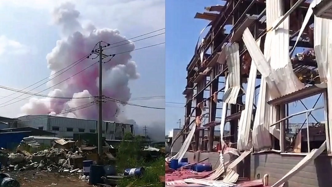 广西玉林化工厂爆炸救援现场!已致4死6伤 现场升起浓烟