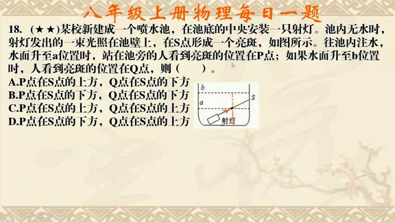八年级上册物理每日一题18:水面上升过程中光斑的位置如何变化