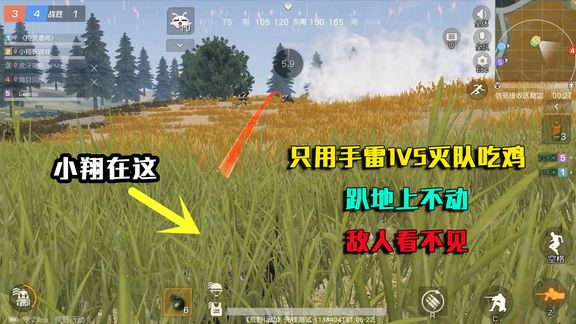 荒野行动:挑战只用手雷1V5灭队吃鸡,趴地上不动,敌人看不见!