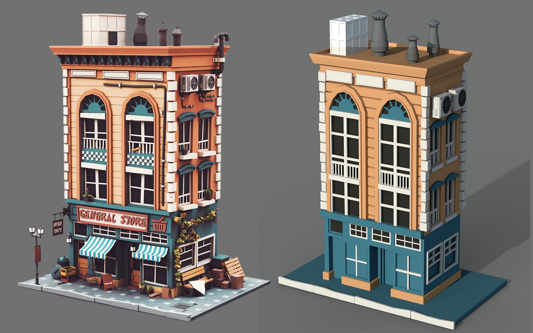 【3dmax场景建模】杂货商店大楼建筑模型,场景房子建模思路讲解