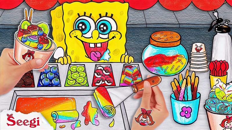 趣味定格动画:小美制作美味的彩虹冰淇淋卷,海绵宝宝会喜欢吗?