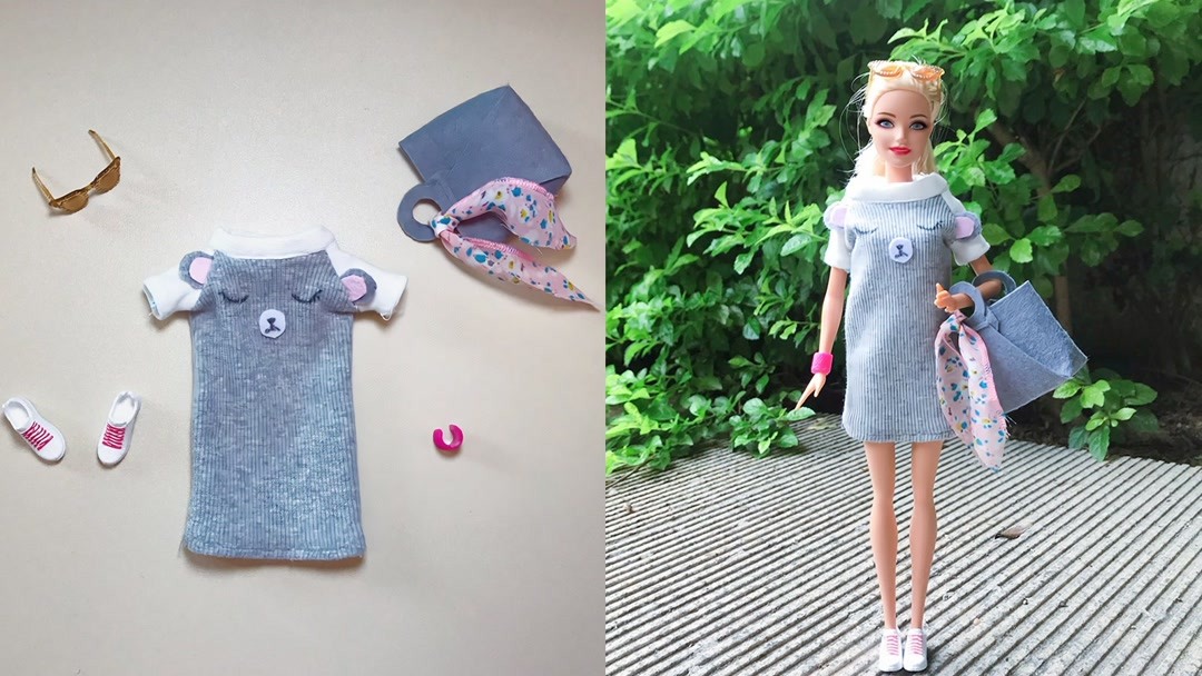 创意迷你手作:给芭比娃娃做T恤连衣裙和免缝包包,简单又可爱!