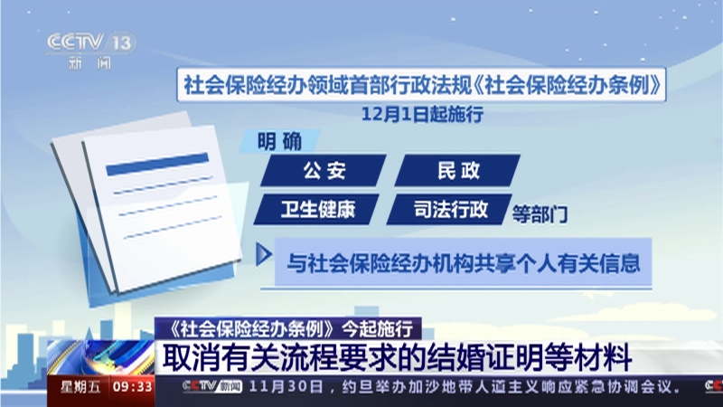[新闻直播间]《社会保险经办条例》今起施行 取消有关流程要求的结婚...