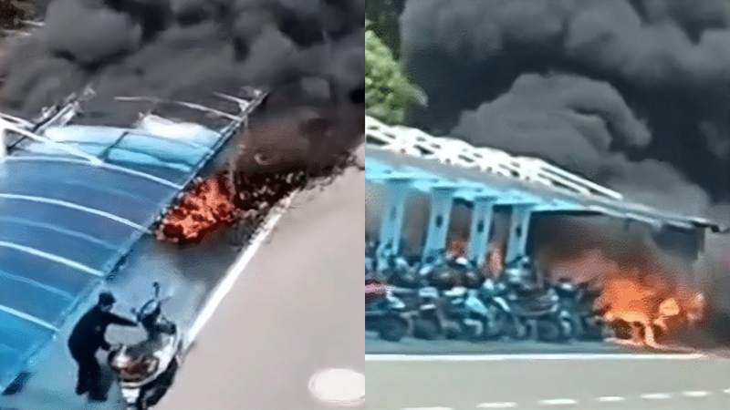 感动!车棚电动车电瓶老化冒起大火,保安冒险搬出电动车阻断火源