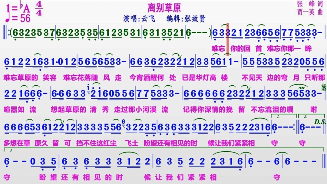 云飞演唱《离别草原》的光标跟随动态有声简谱