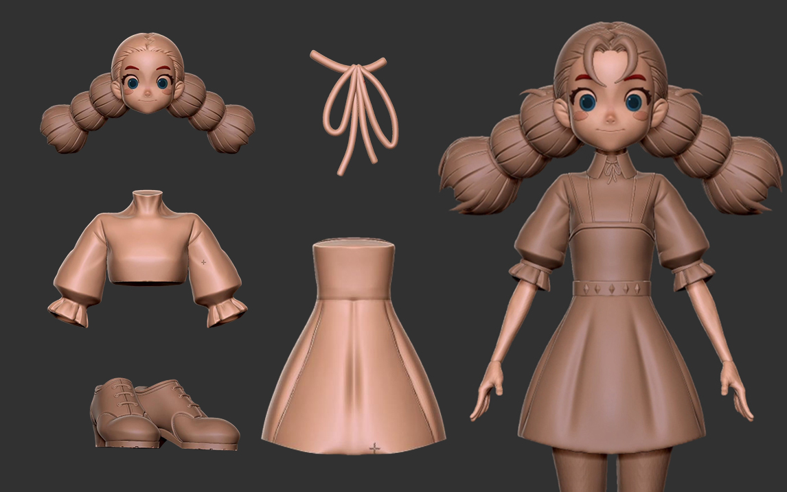 【Zbrush人物建模】从球开始教你,五官、头发、裙子、鞋袜、身体全身...