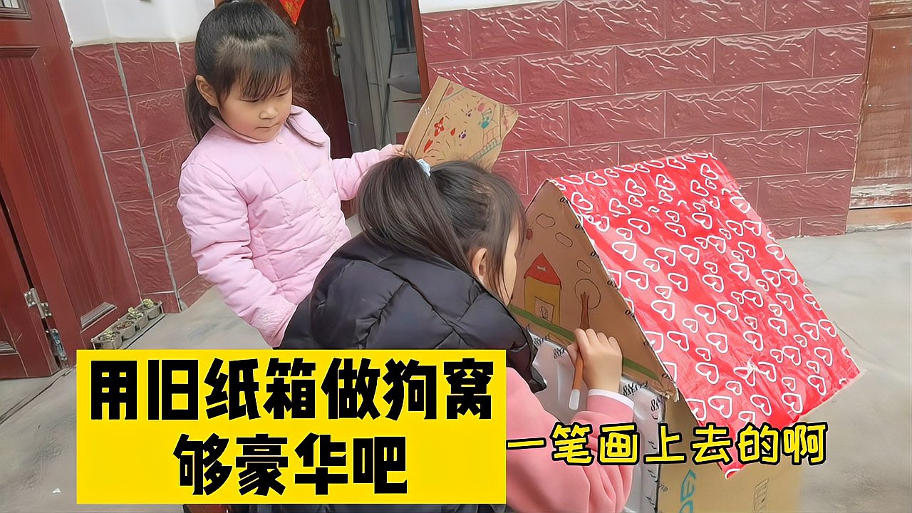 农村小伙用旧纸箱陪两个女儿给小狗做了个爱心狗窝,结局好温馨