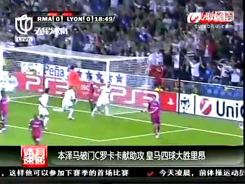 本泽马破门C罗卡卡献助攻 皇马四球大胜里昂 111019 体育速递
