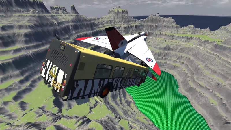 老司机开大巴车争先恐后助推战斗机冲向超大采矿坑,车祸模拟器