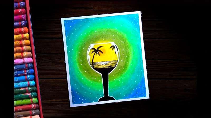 简单好学的粉彩绘画视频,在红酒杯里绘制漂亮的风景