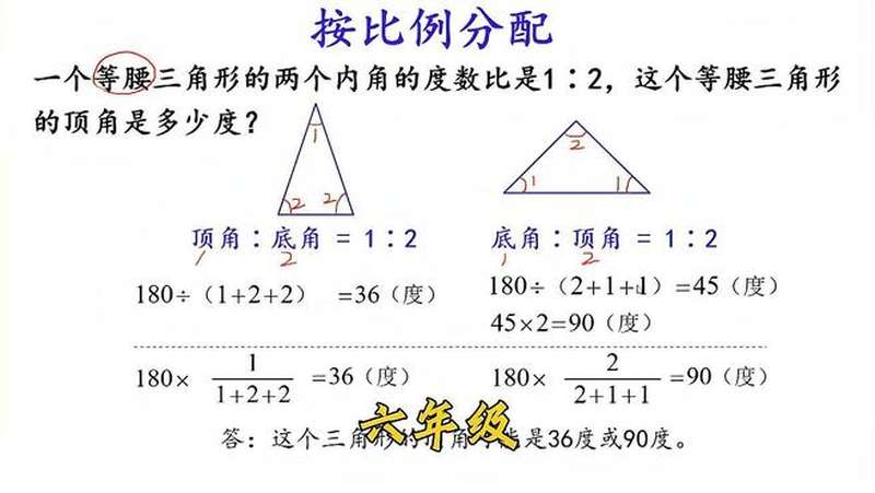 六年级数学,按比例分配--求等腰三角形的顶角