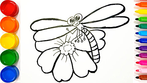 益智早教儿童动物简笔画涂色: 一只可爱的蜻蜓飞上了花儿! (勾线)