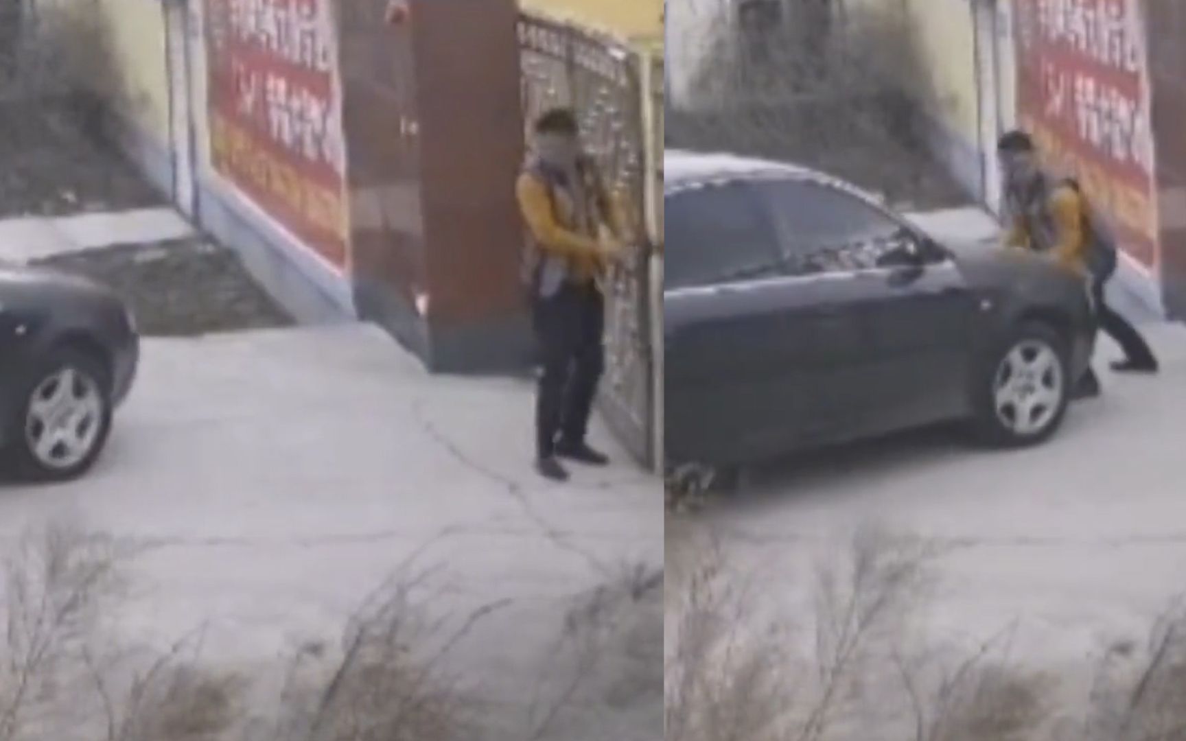 男子下车忘拉手刹,徒手推车僵持3分钟,挥手喊叫路人帮忙解困
