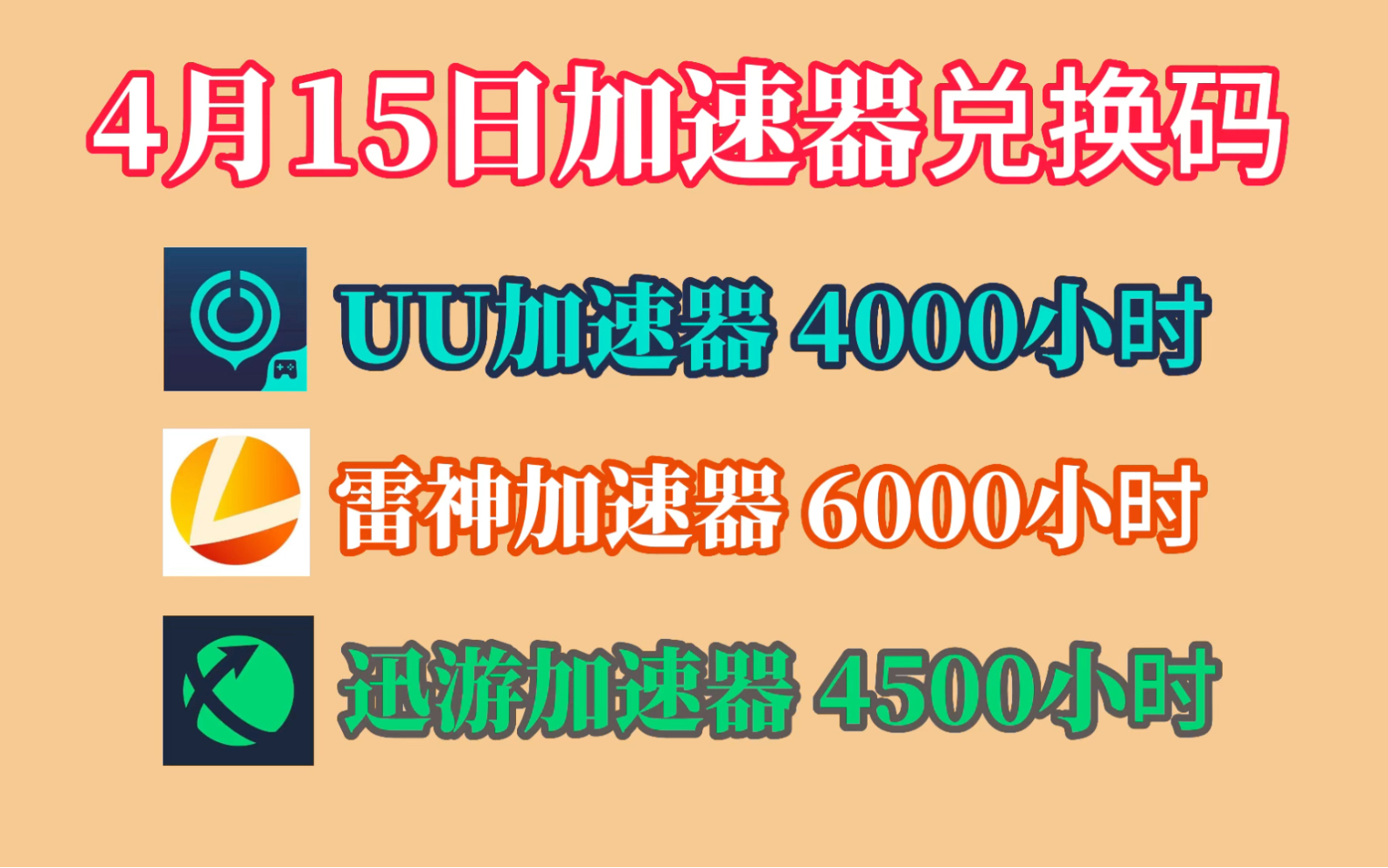 4月15日最新免费白嫖加速器口令和兑换码!UU加速器4000小时,雷神...
