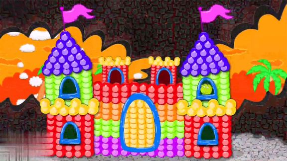 小狮子跟他的小伙伴用才华盖了一座美丽的城堡,五颜六色可气派啦