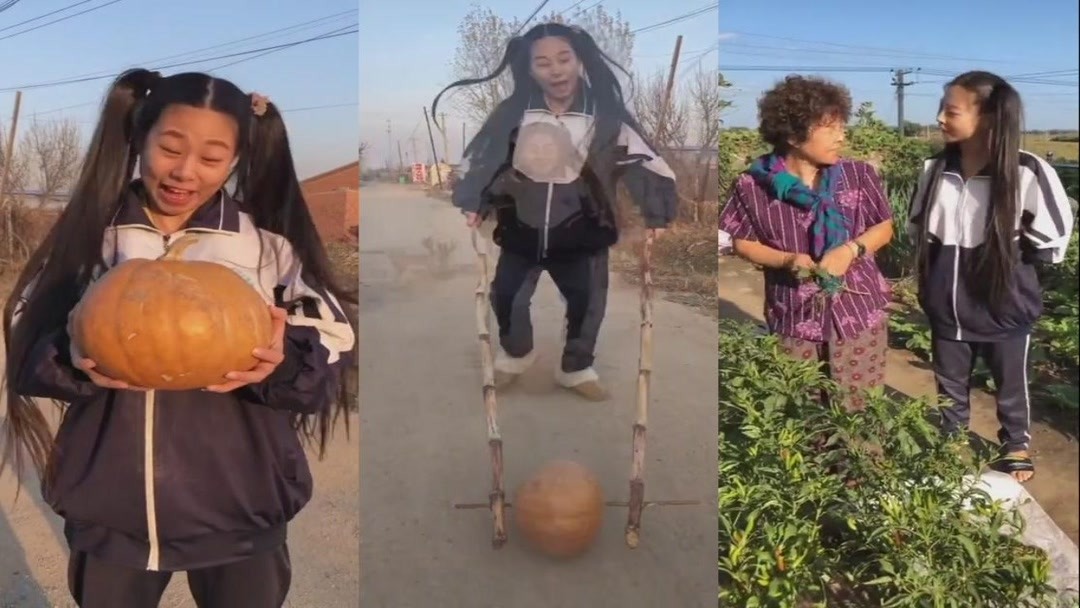 爆笑农村囧事:傻妞用南瓜做了个推车,妈妈用南瓜给傻妞做顶帽子