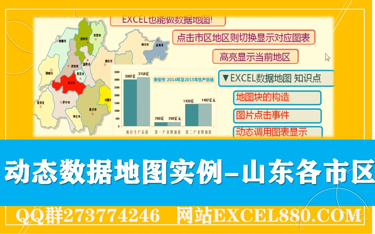 EXCEL动态数据地图实例-山东省各市区点击地图 显示对应生产总值...