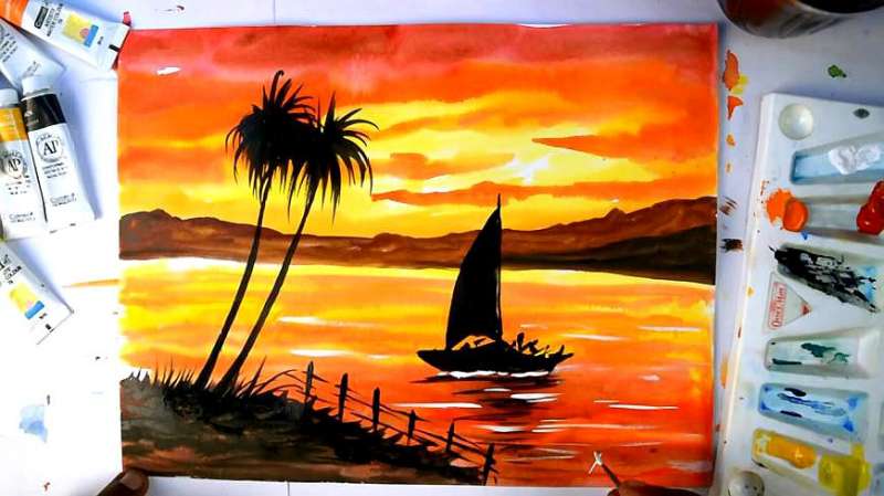 简单好学的绘画视频教程,教你如何绘制海边日落风景