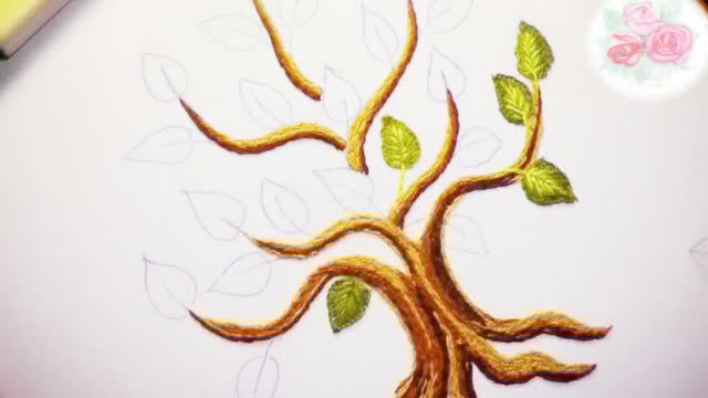 刺绣绣一棵大树吧,详解绣树干和叶子的针法