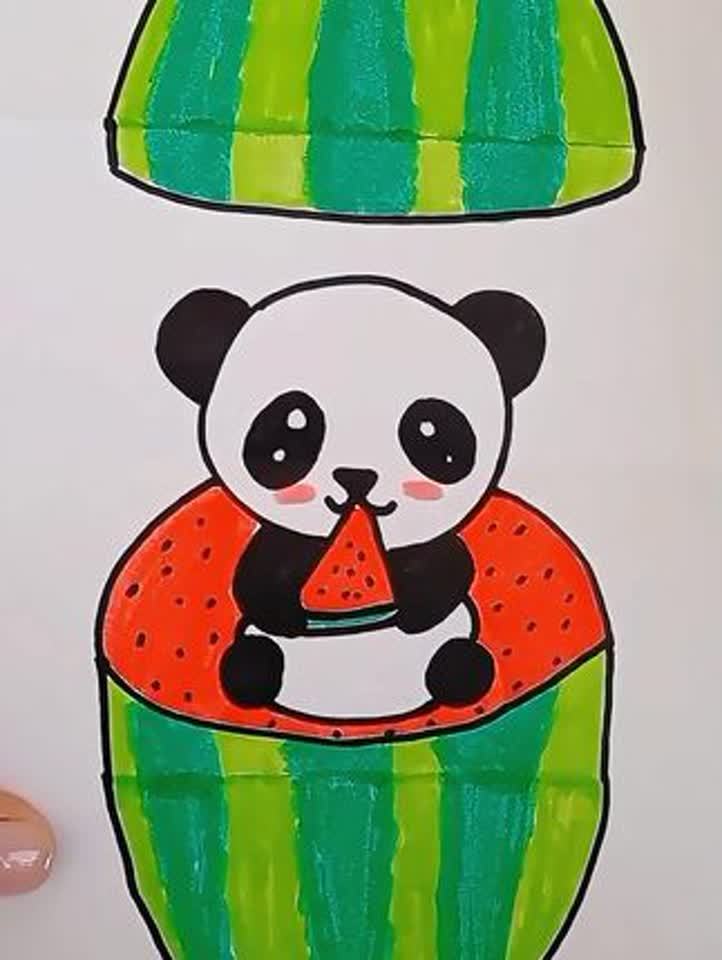 熊猫吃西瓜#每日一画 #跟着学画画 #简笔画 #育儿简笔画