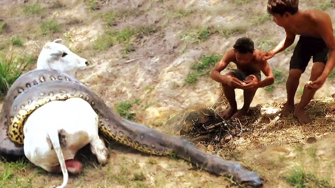 动物世界:一条巨蟒缠住了村里一只羊,村民抓住蛇不放!