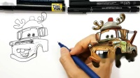 如何画驯鹿母羊和圣诞闪电麦昆在空中飞行的儿童汽车画