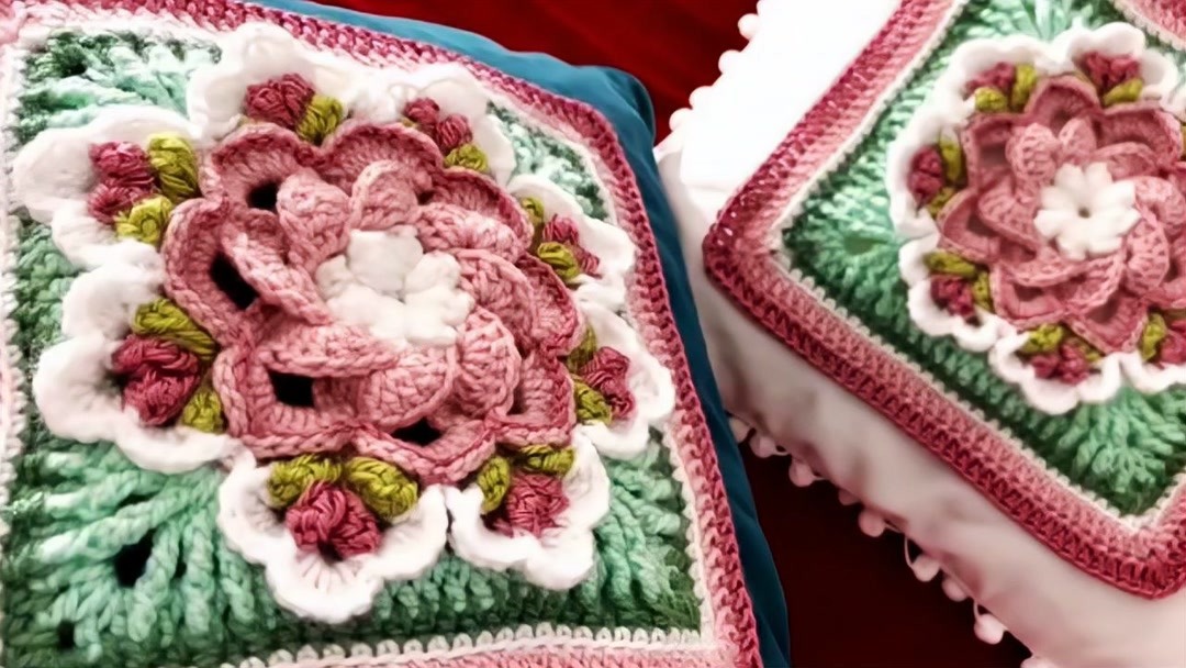 钩针编织3D牡丹花抱枕套(一)