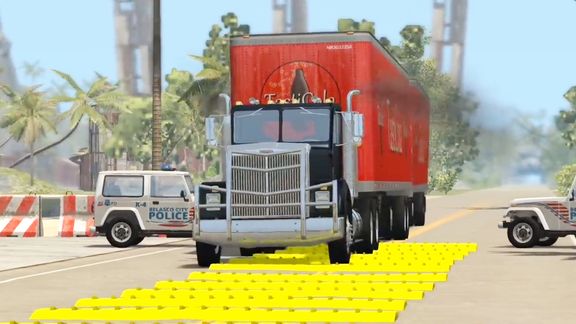BeamNG:双货柜货车开足马力冲向减速带,拟真车祸模拟